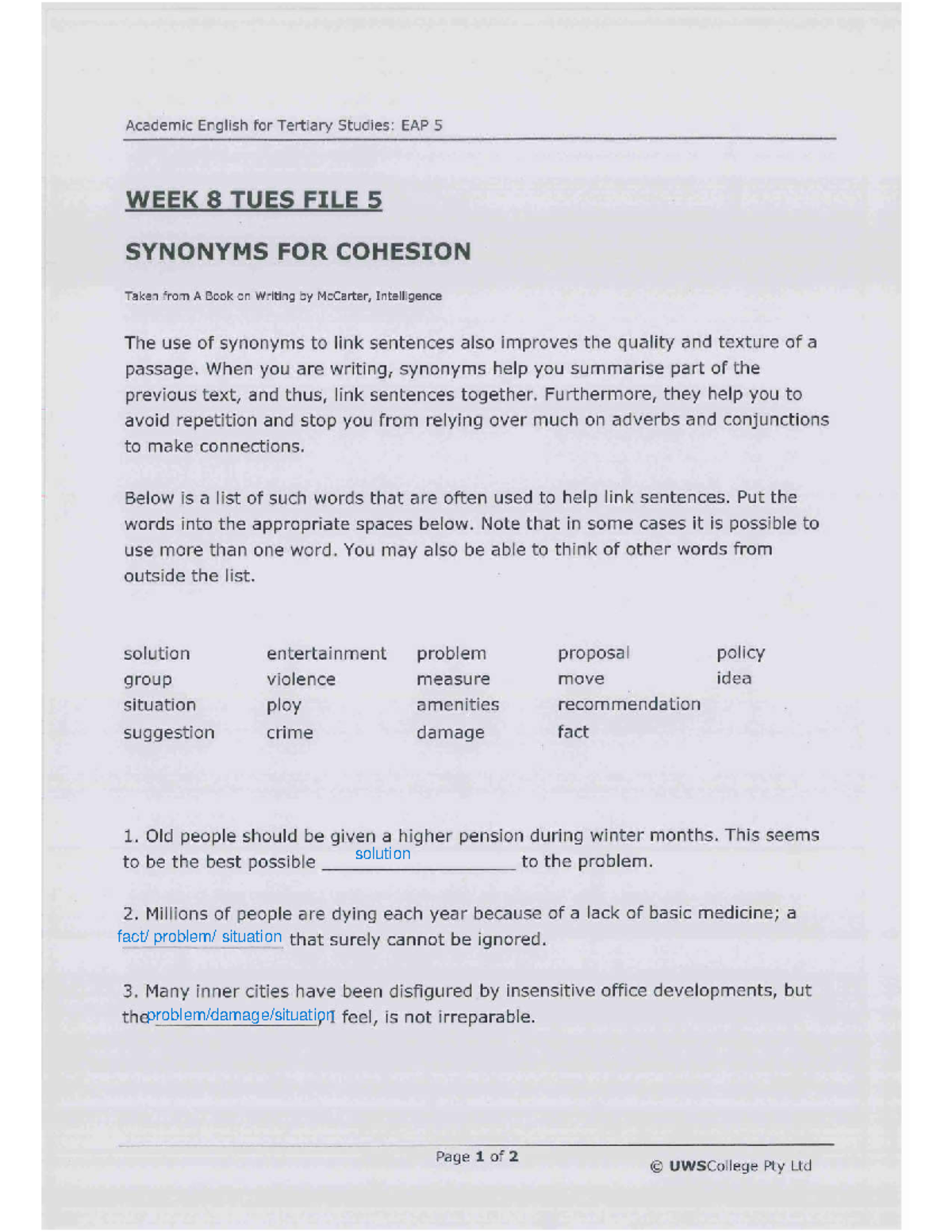 EAP5 Week 8 Tue F5 - Synonyms for cohesion - Academic English - Đại học ...