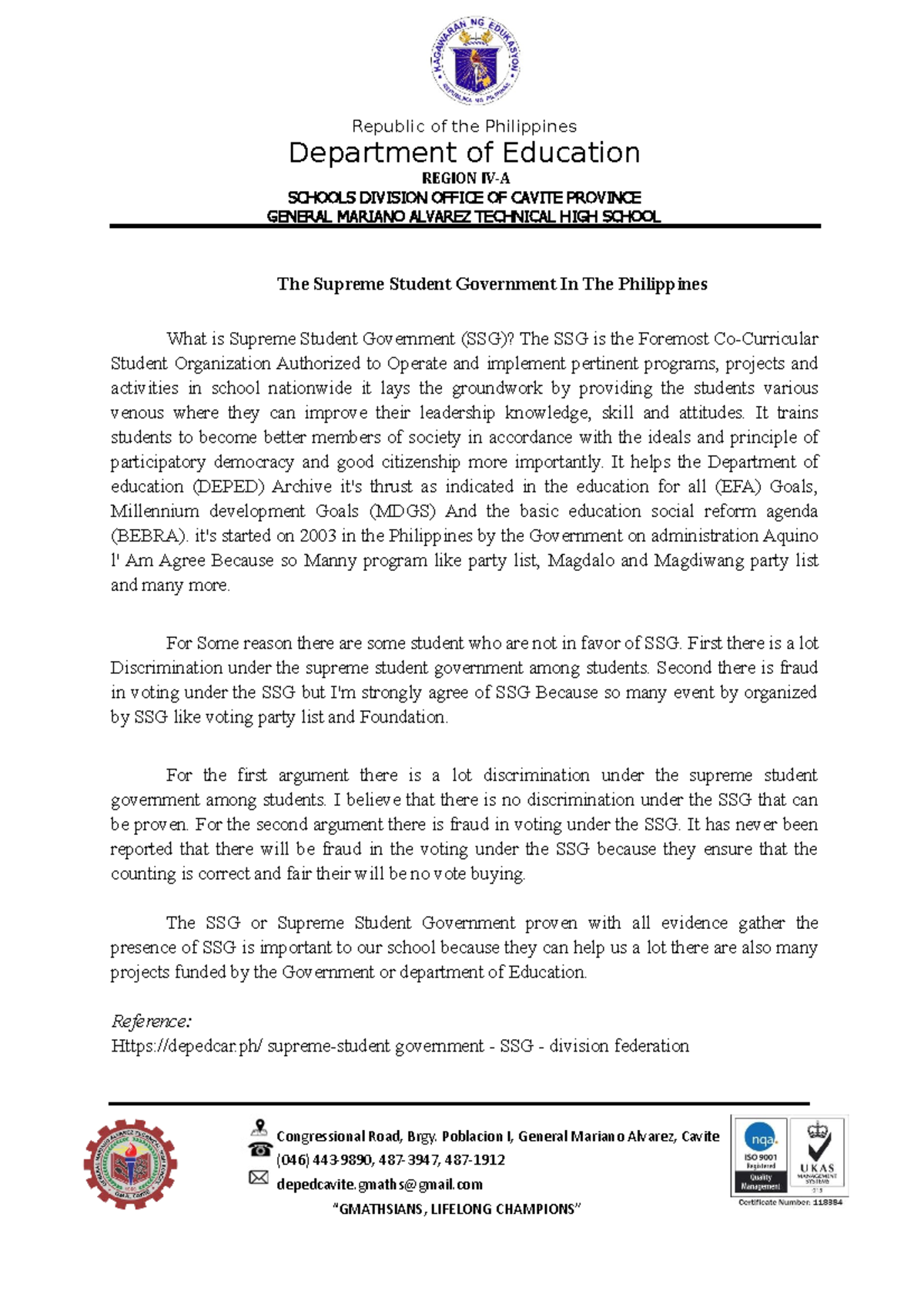 Position Paper - Republic of the Philippines Department of Education ...