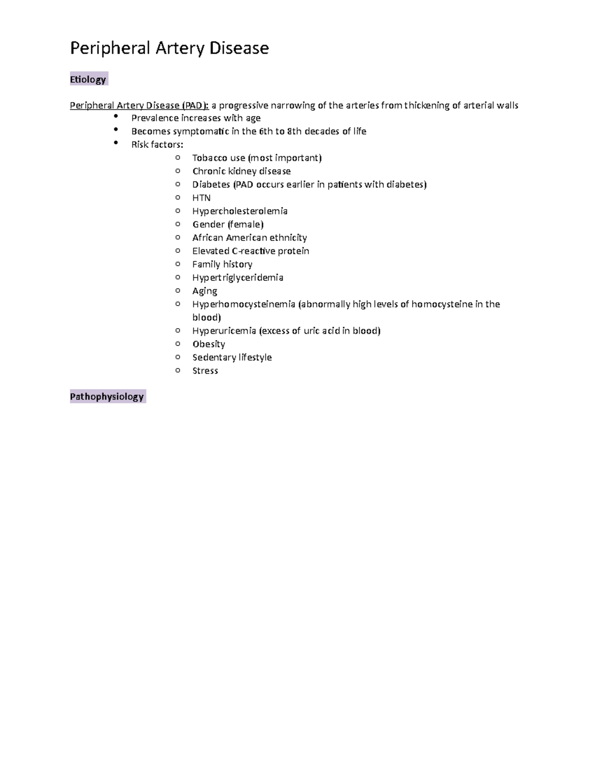 PAD - Elsevier Assignment notes - Etiology Peripheral Artery Disease ...
