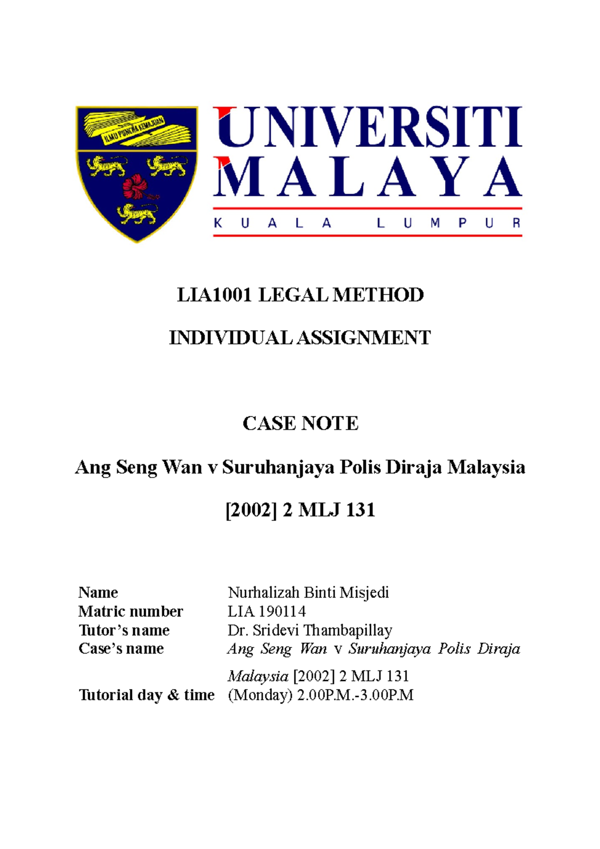 Legal Method case note assignment 2019 - LIA1001 LEGAL METHOD ...
