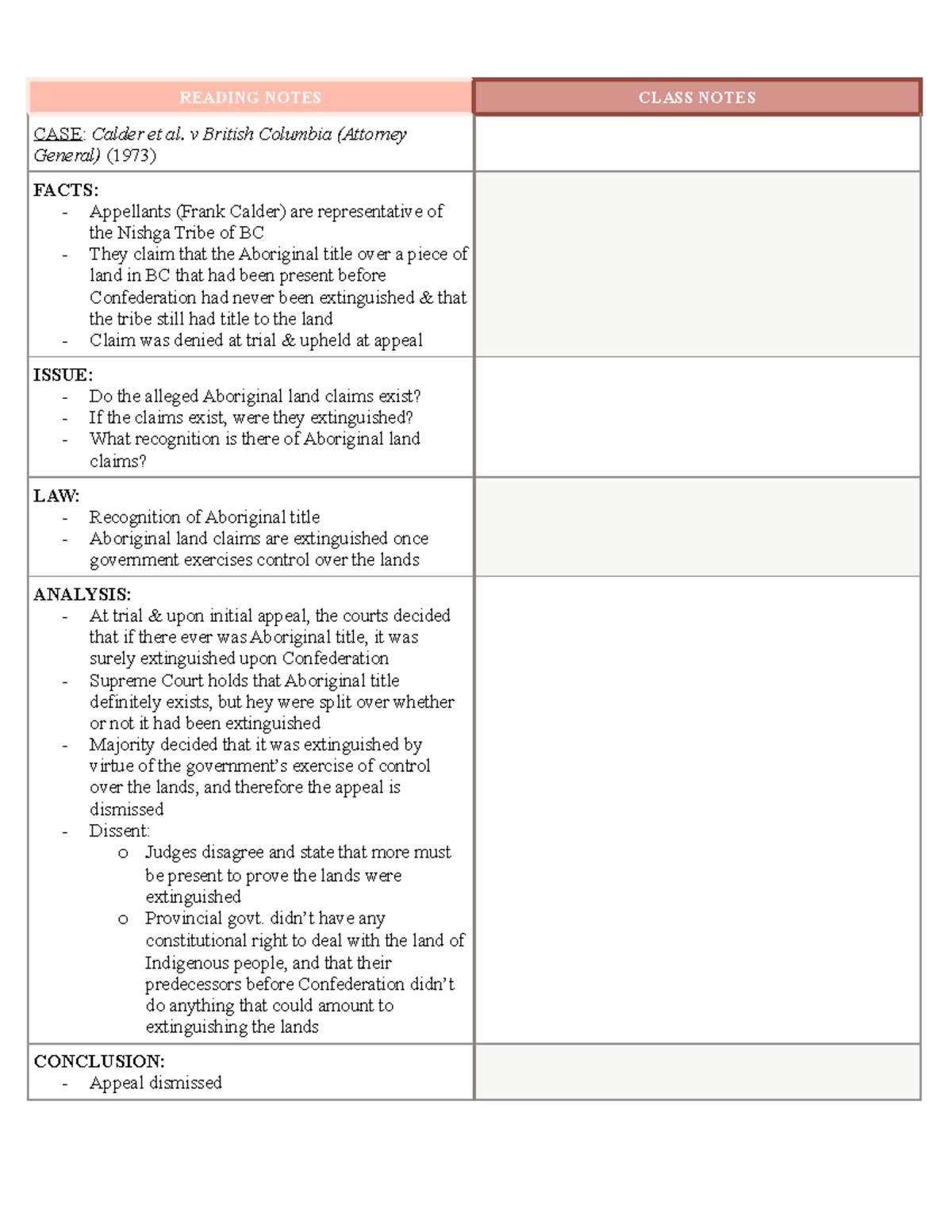 Calder v British Columbia Case Brief - READING NOTES CLASS NOTES CASE ...