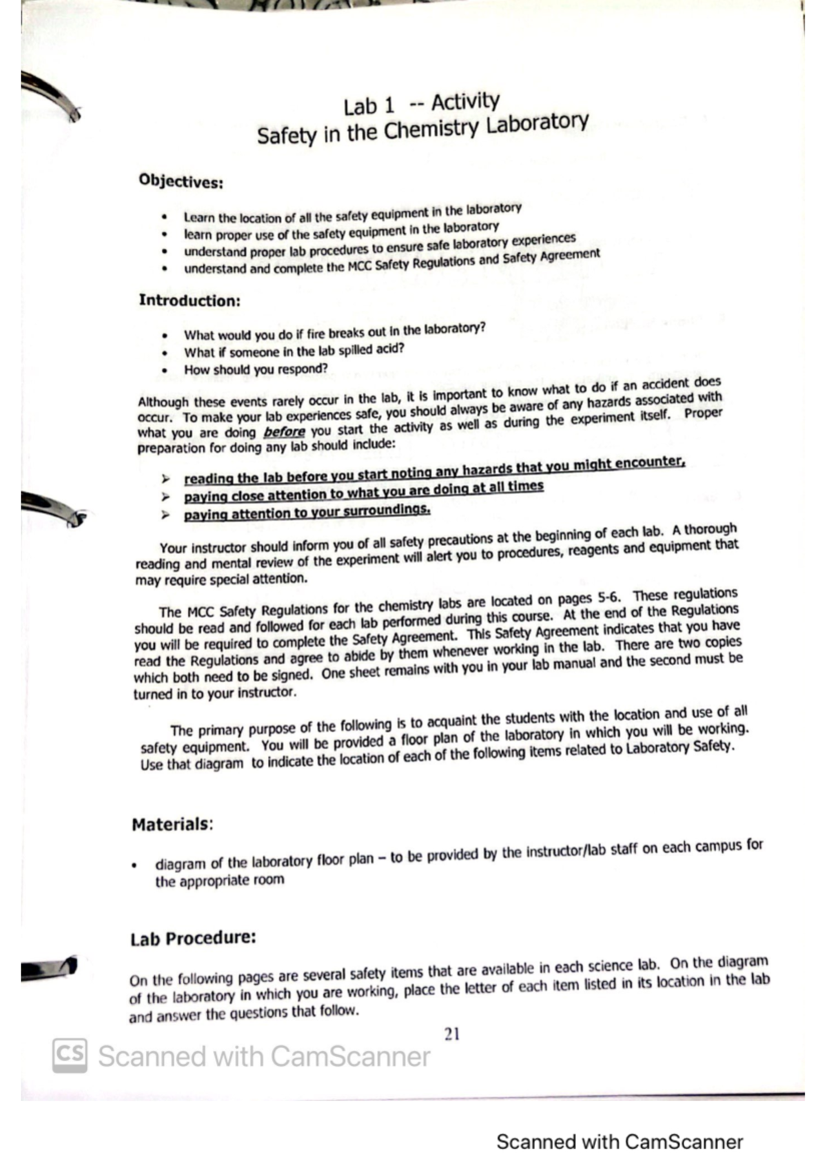 lab#1 Activity safety in the chemistry laboratory - CHEM 1010 - MCC ...