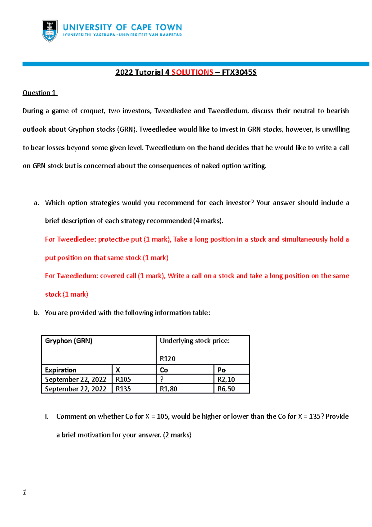 2022 Tutorial 4 Options Markets Solutions 1eiii updated - 2022 Tutorial ...