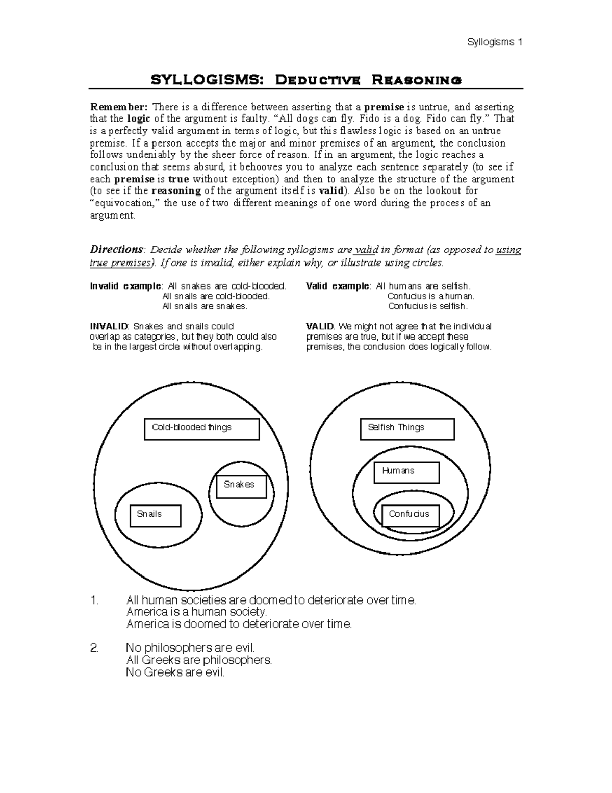 Assessment Syllogisms - Syllogisms 1 SYLLOGISMS: Deductive Reasoning ...