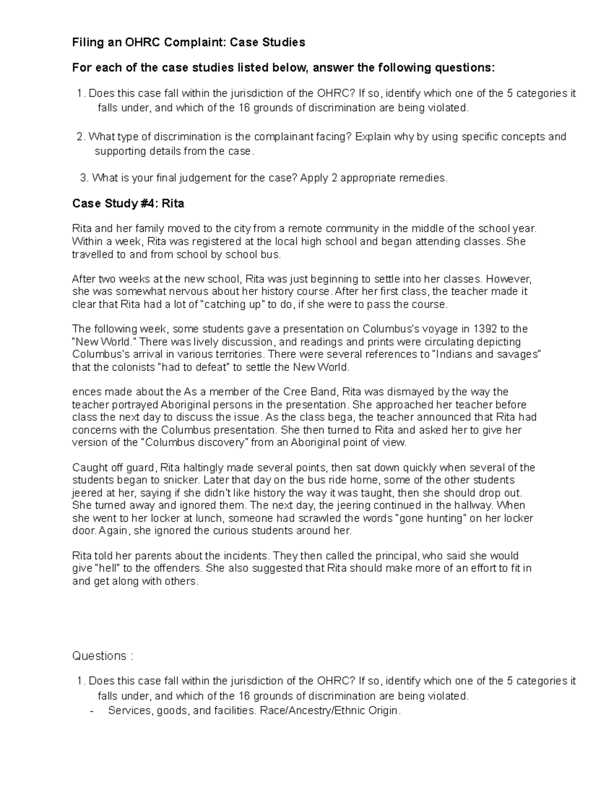 OHRC Case Studies - Completed copy of OHRC case study assignment ...