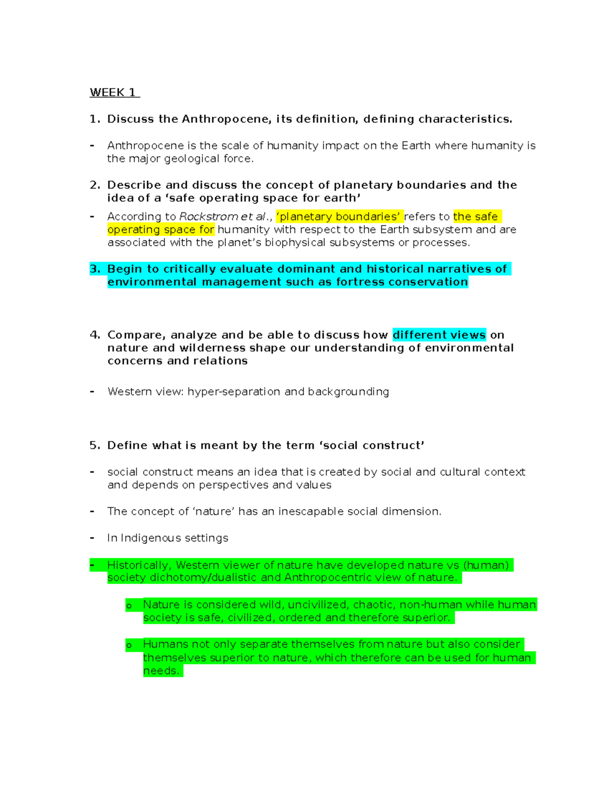 Midterm 1 pratice qustions - WEEK 1 Discuss the Anthropocene, its ...