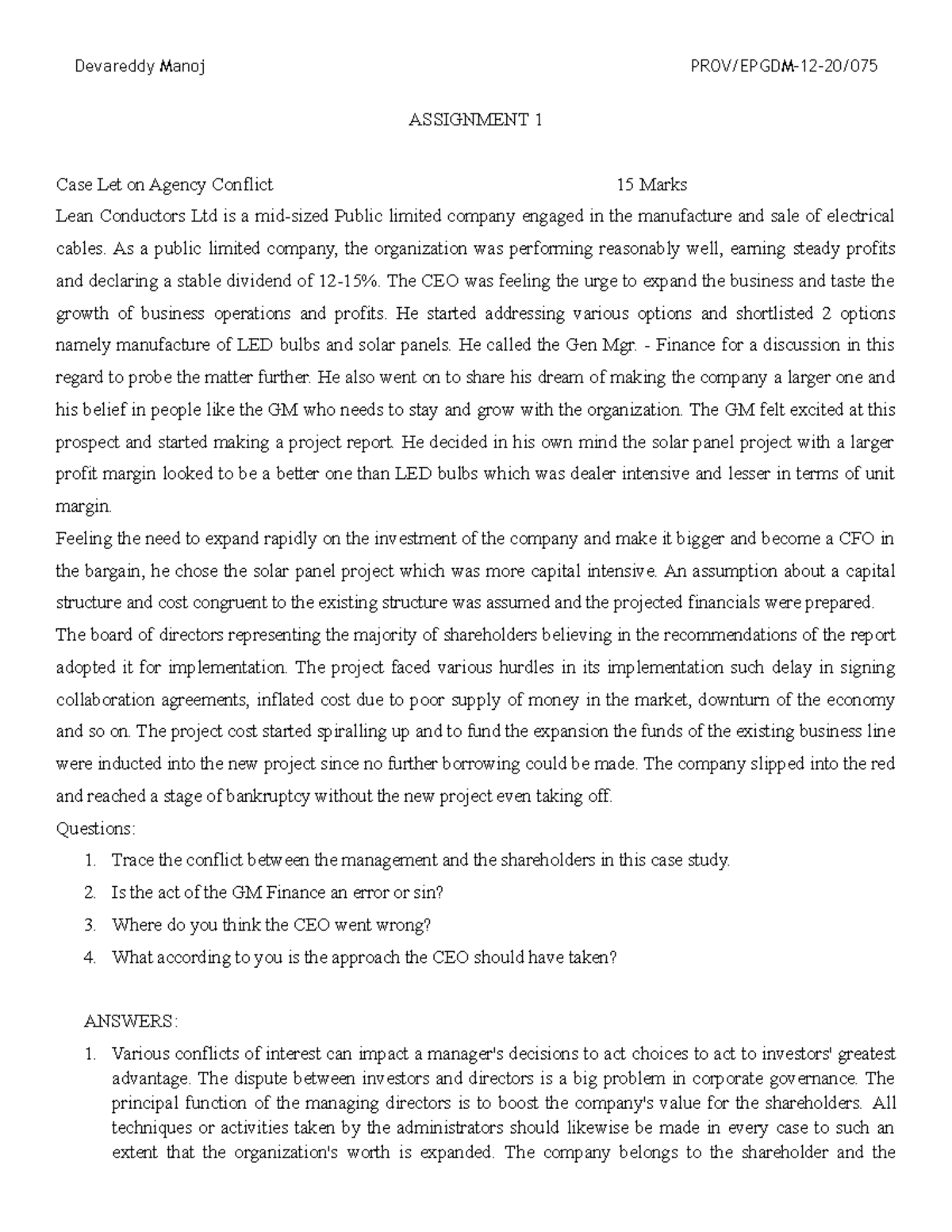 Corporate Finance Assignment - Devareddy Manoj PROV/EPGDM-12-20/ ASSIGNMENT 1 Case Let on Agency ...