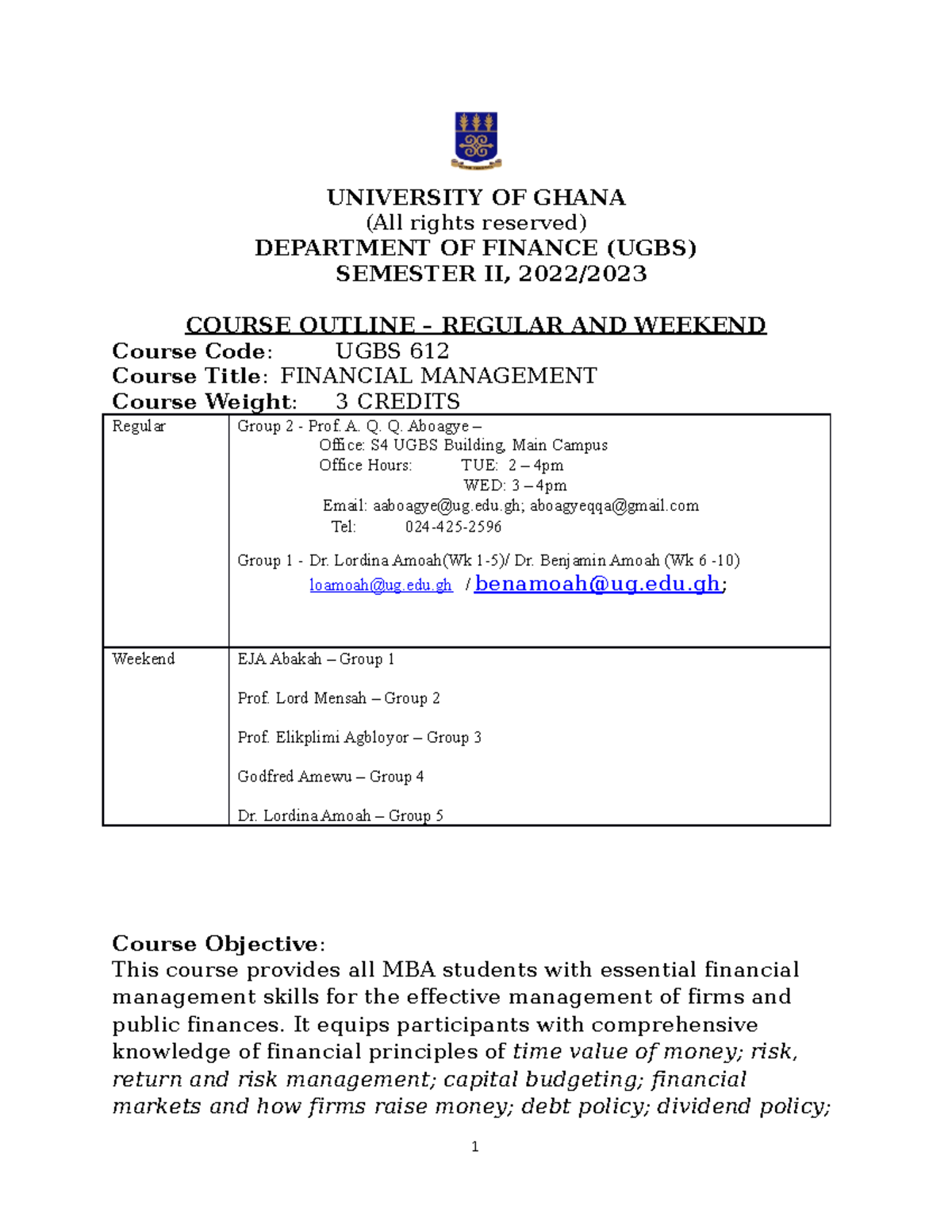 Financial Management Course Outline - UNIVERSITY OF GHANA (All rights ...