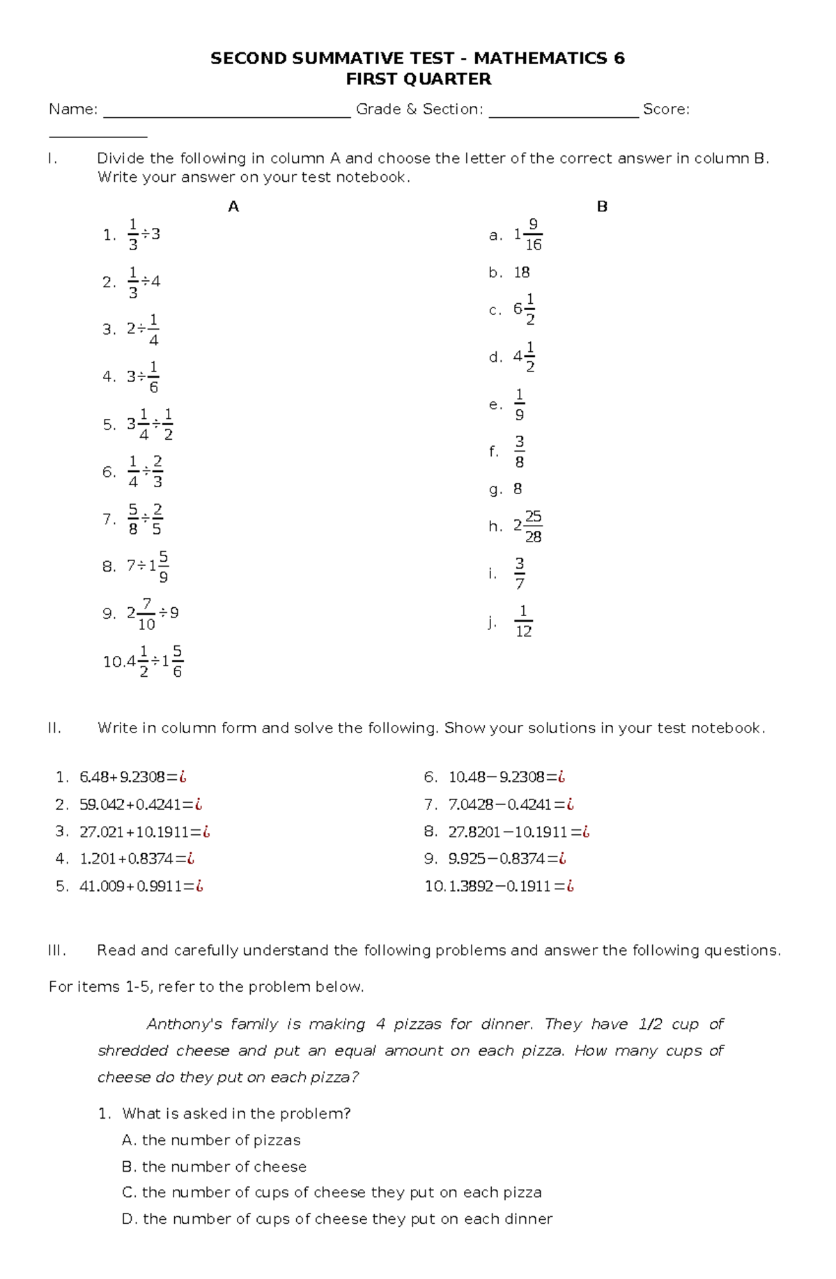MATH6S2Q1 - summative - SECOND SUMMATIVE TEST - MATHEMATICS 6 FIRST ...
