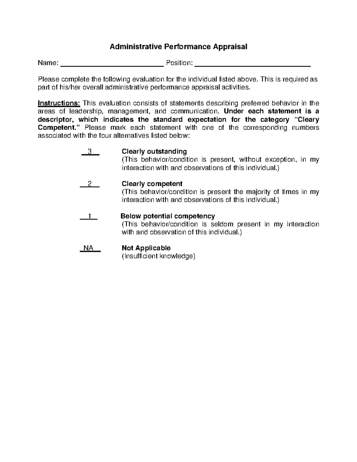 Administrative Performance Appraisal Survey - Administrative ...