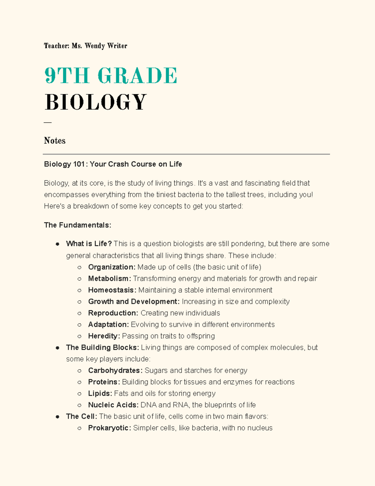 Class notes - A note all about biology - Teacher: Ms. Wendy Writer 9TH ...