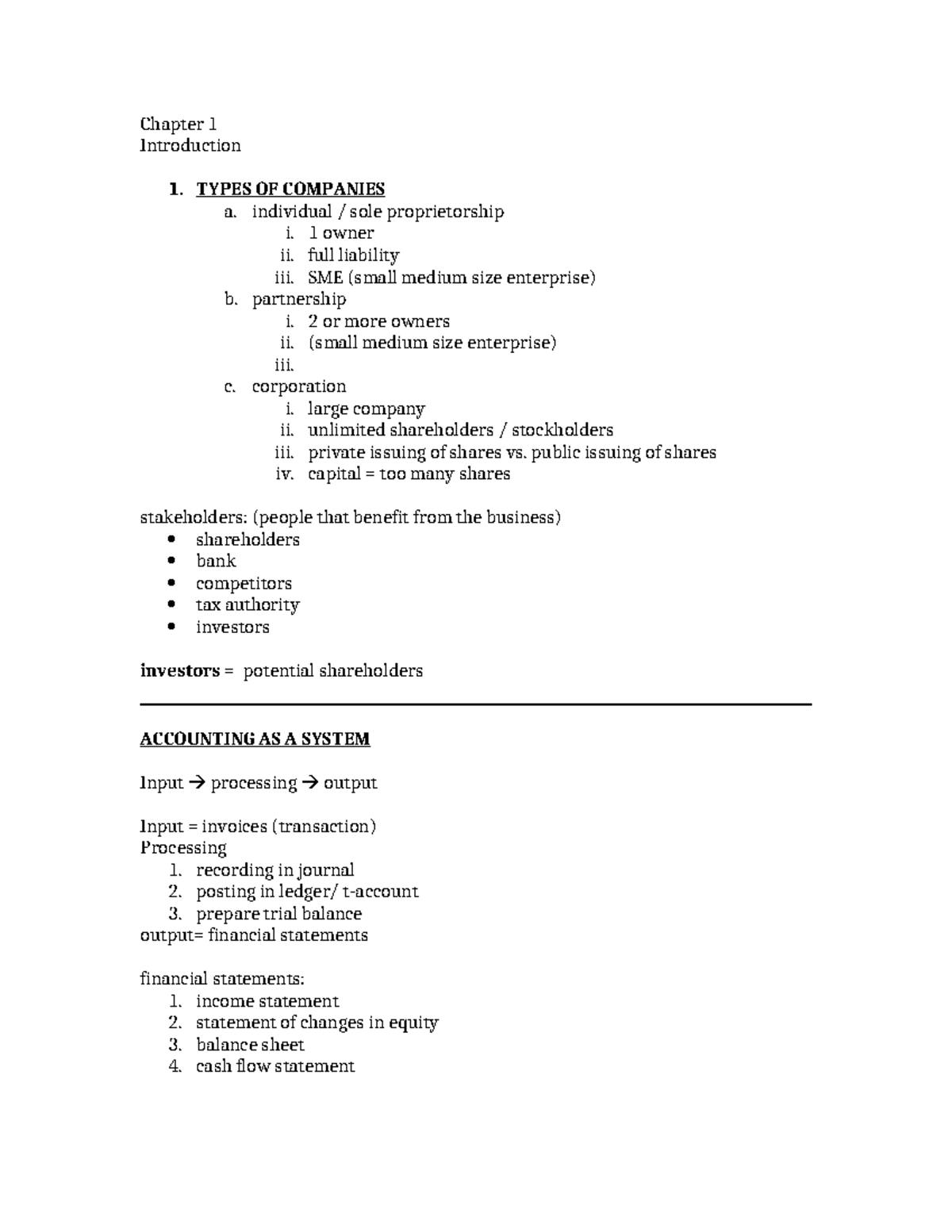 Accounting 1 - asdfgs - Chapter 1 Introduction 1. TYPES OF COMPANIES a ...