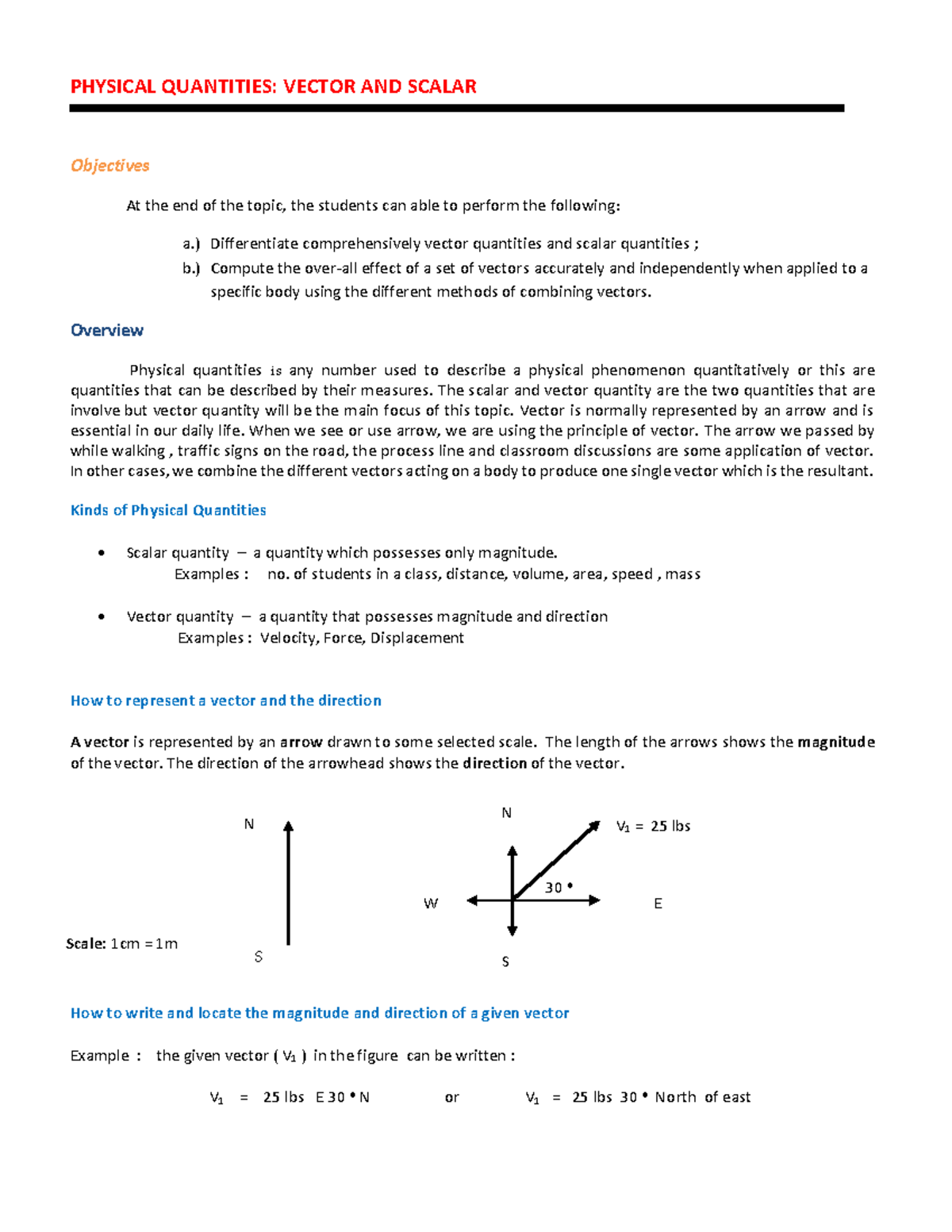 PHYS-211-2 - LEC - PHYSICAL QUANTITIES: VECTOR AND SCALAR Objectives At ...