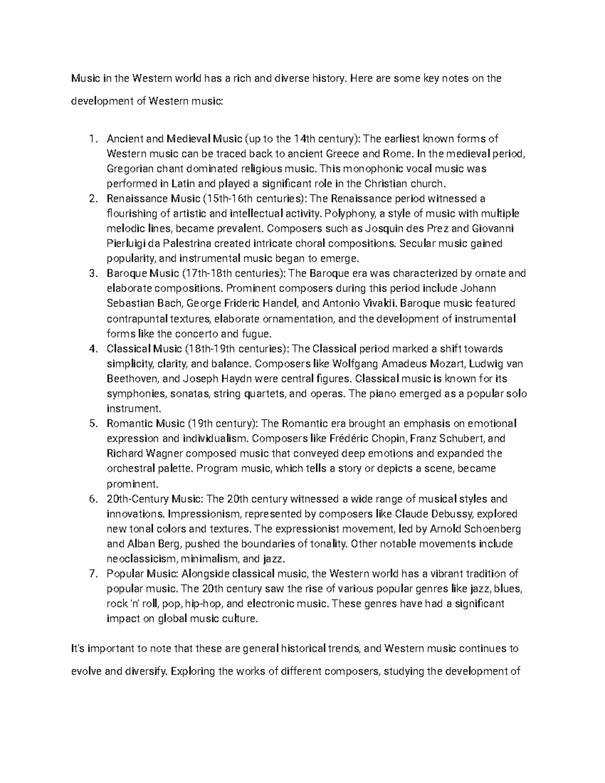 Music in the Western World Notes - Music in the Western world has a ...