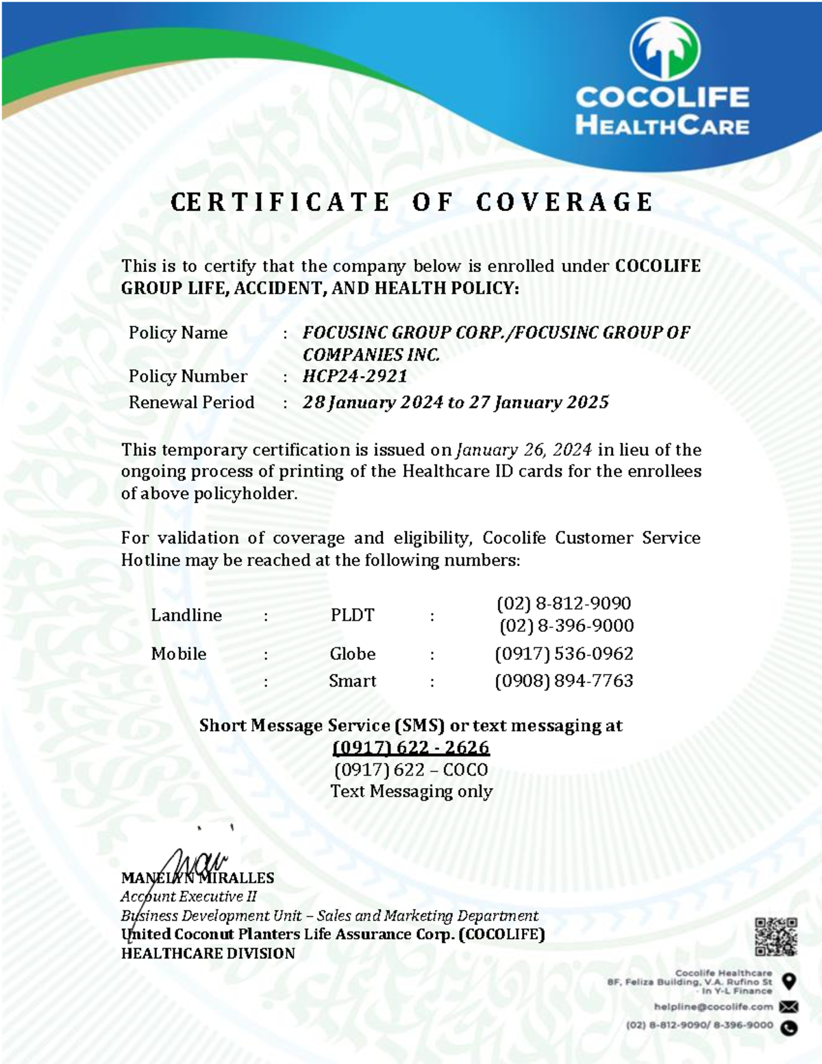 Cocolife Certificate of Coverage for FGC+ - CE R T I F I C A T E O F C ...