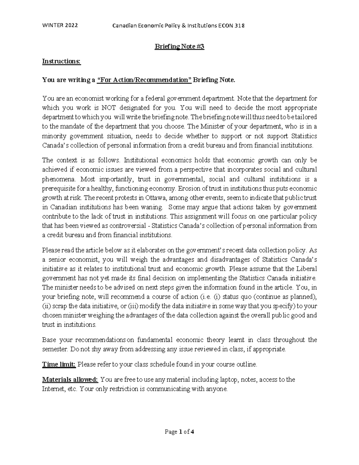 Briefing Note #3 Instructions Winter 2022 ECON 318 - Briefing Note ...