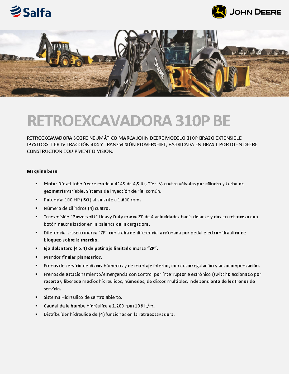 Fichas técnicas mecanica - RETROEXCAVADORA SOBRE NEUMÁTICO MARCA JOHN DEERE MODELO 310P BRAZO ...