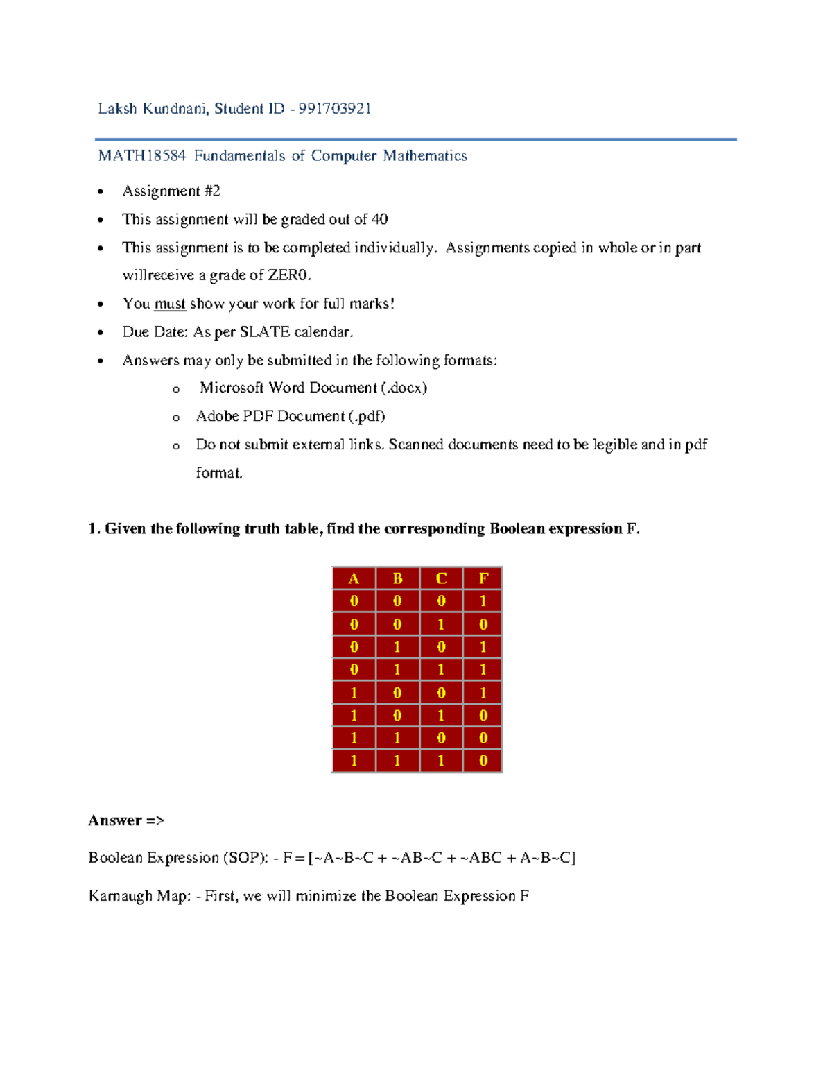 Maths Assignment 2 - Laksh Kundnani, Student ID - 991703921 MATH18584 Fundamentals of Computer ...
