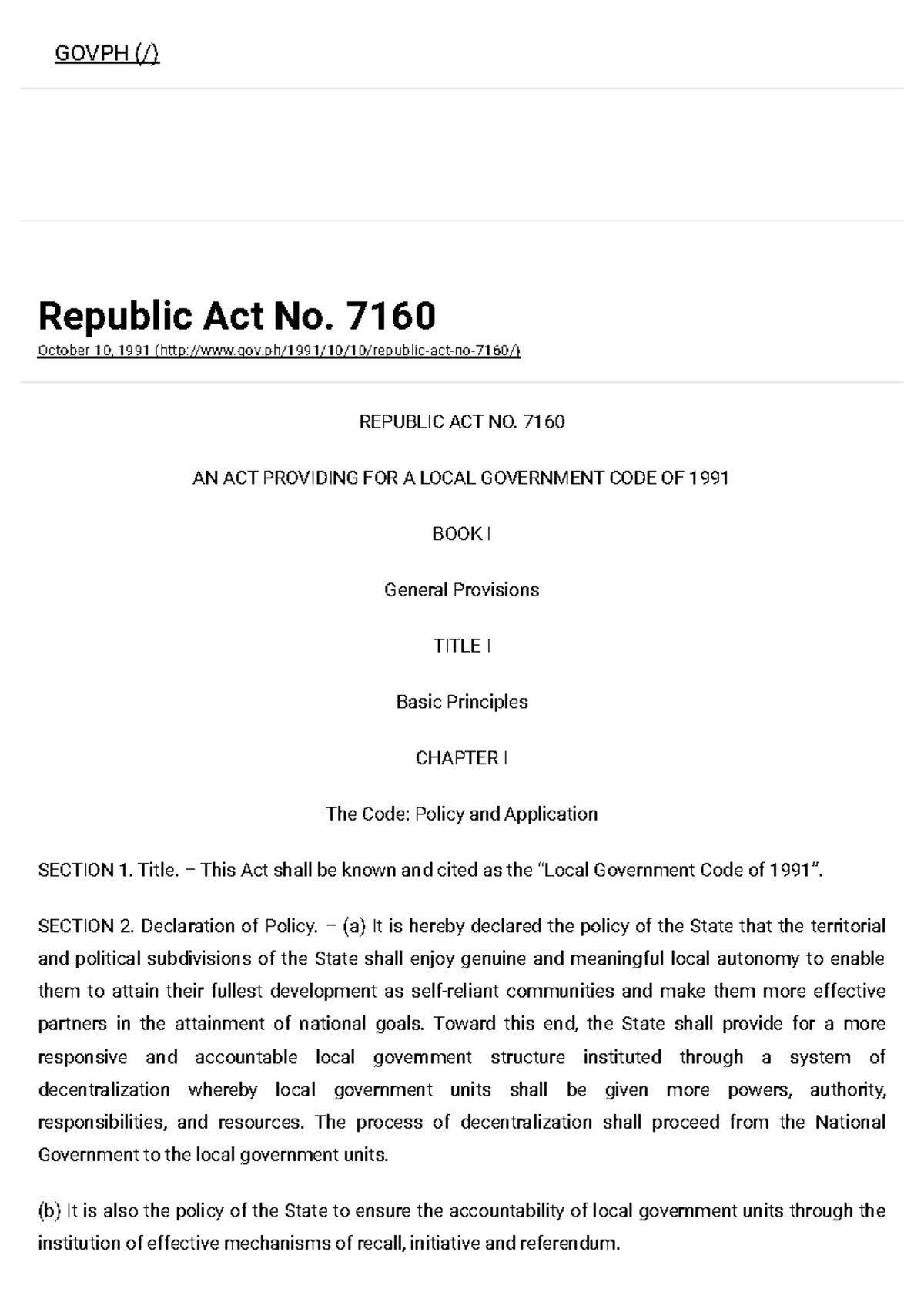 Local Government Code Cases Republic Act No 7160 October 10 1991