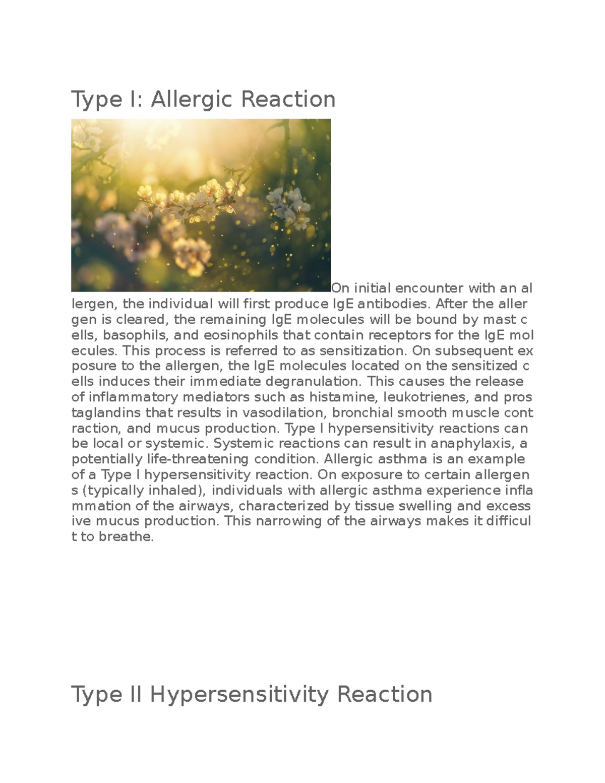 Notes from online module - Type I: Allergic Reaction On initial ...