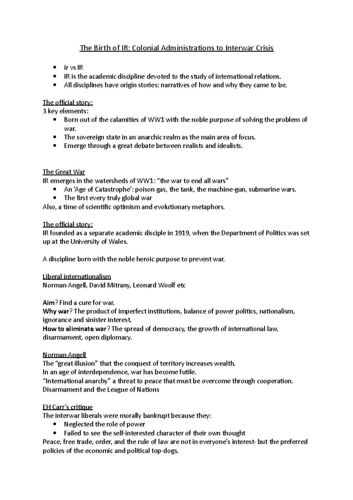 Week 2- Birth of IR - Notes for first years - The Birth of IR: Colonial ...