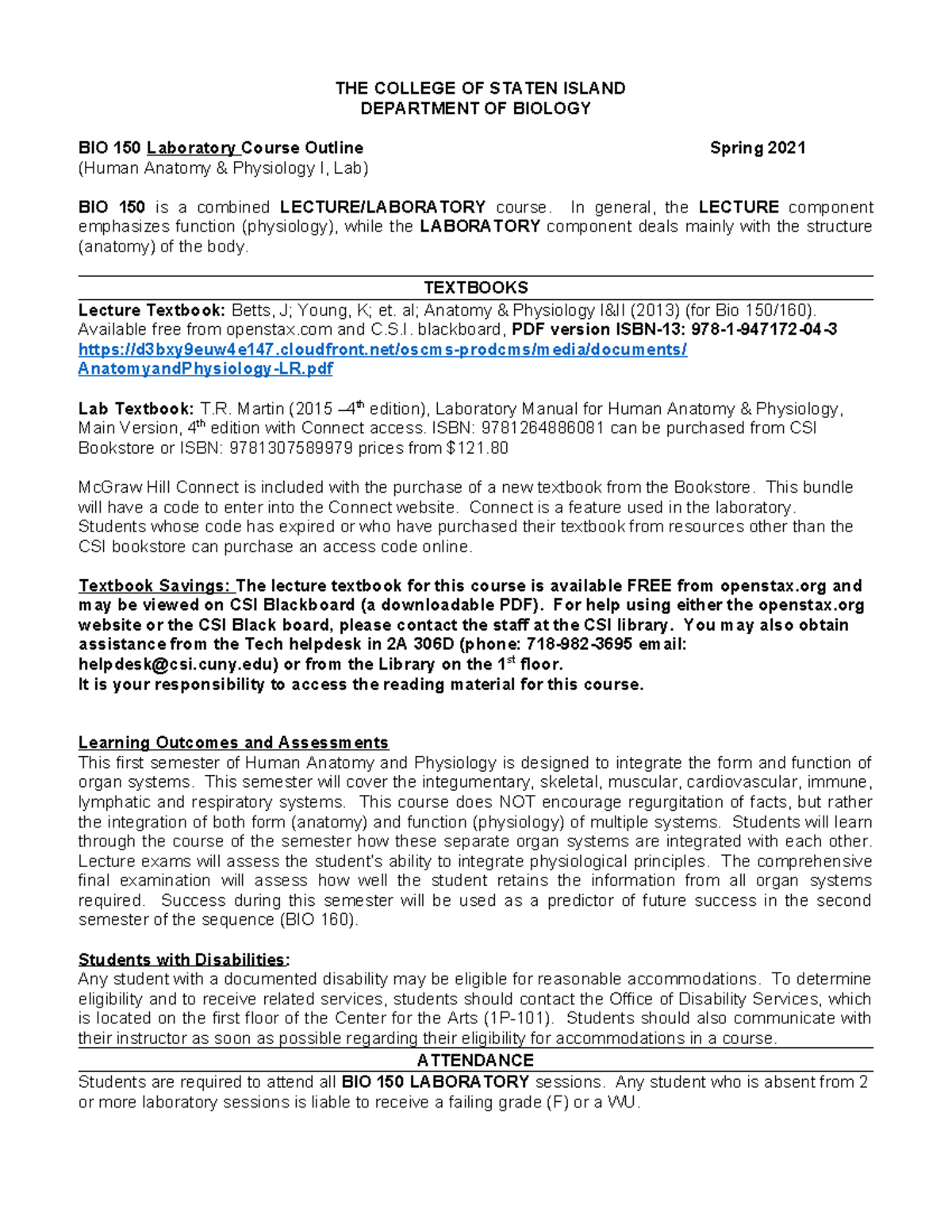 150Lab Spring 2021 - THE COLLEGE OF STATEN ISLAND DEPARTMENT OF BIOLOGY BIO 150 Laboratory ...