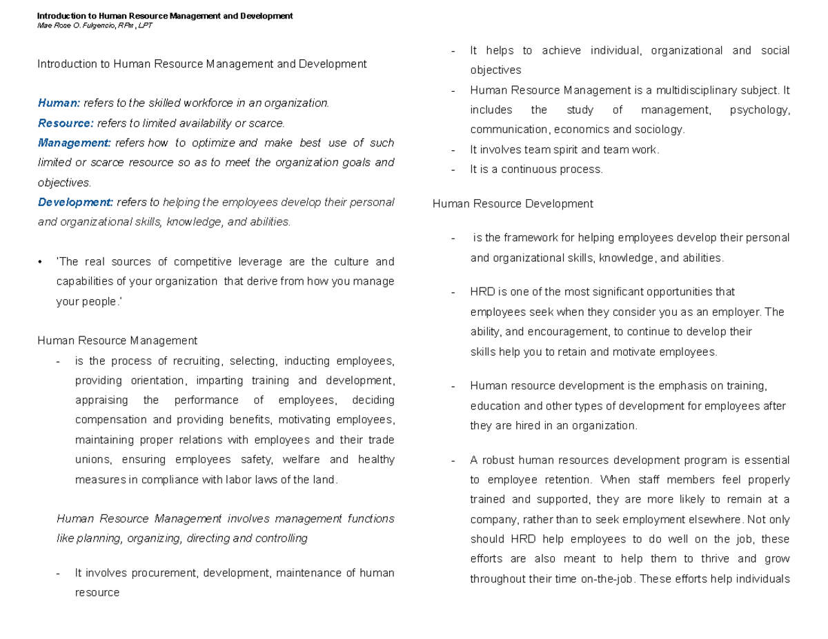 Introduction to Human Resource Management and Development handout ...