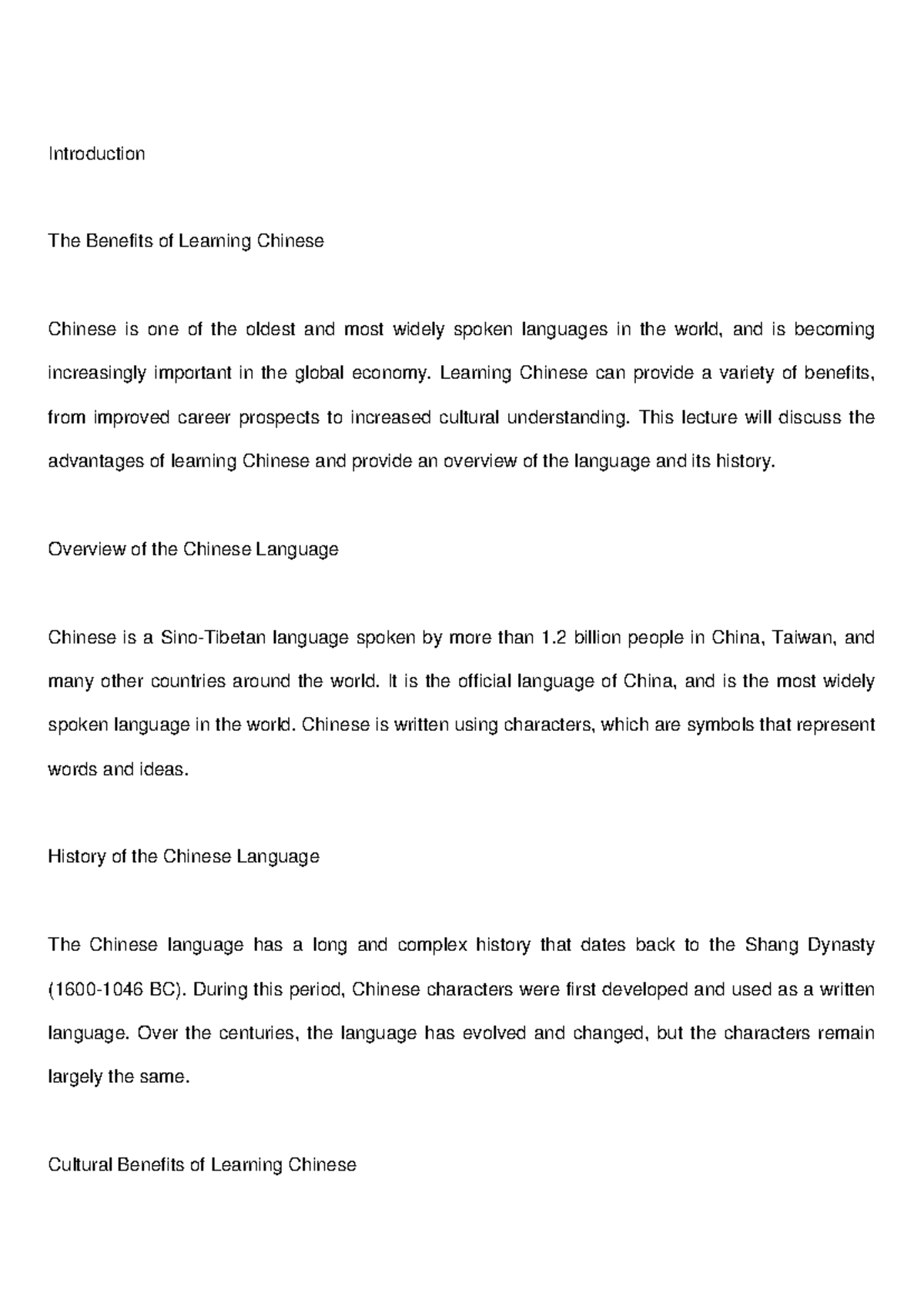 Chinese lecture notes - Introduction The Benefits of Learning Chinese ...