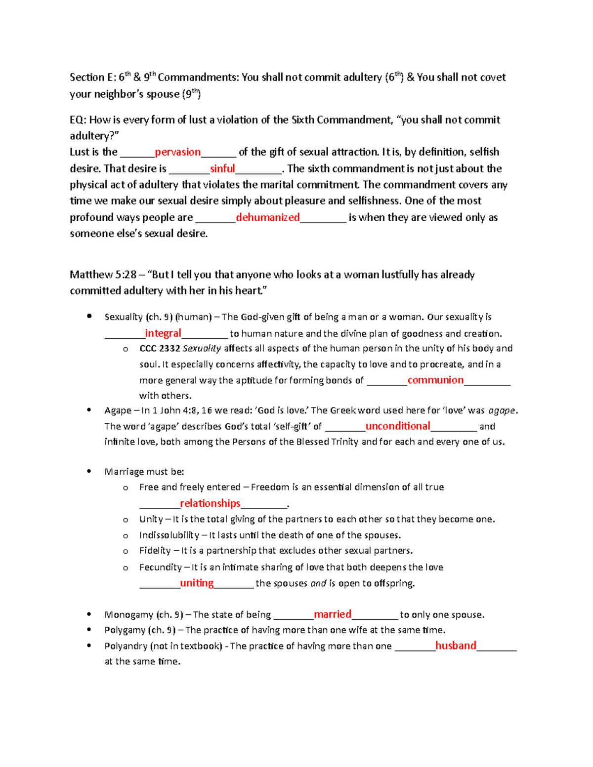 Section E Notes Back Section E 6th 9th Commandments You Shall Not