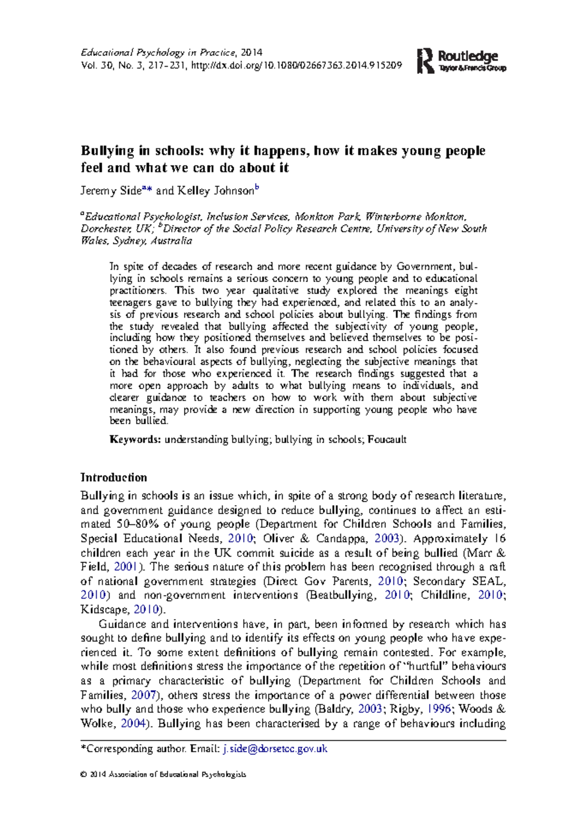 Bullying in schools why it happens how - This two year qualitative ...