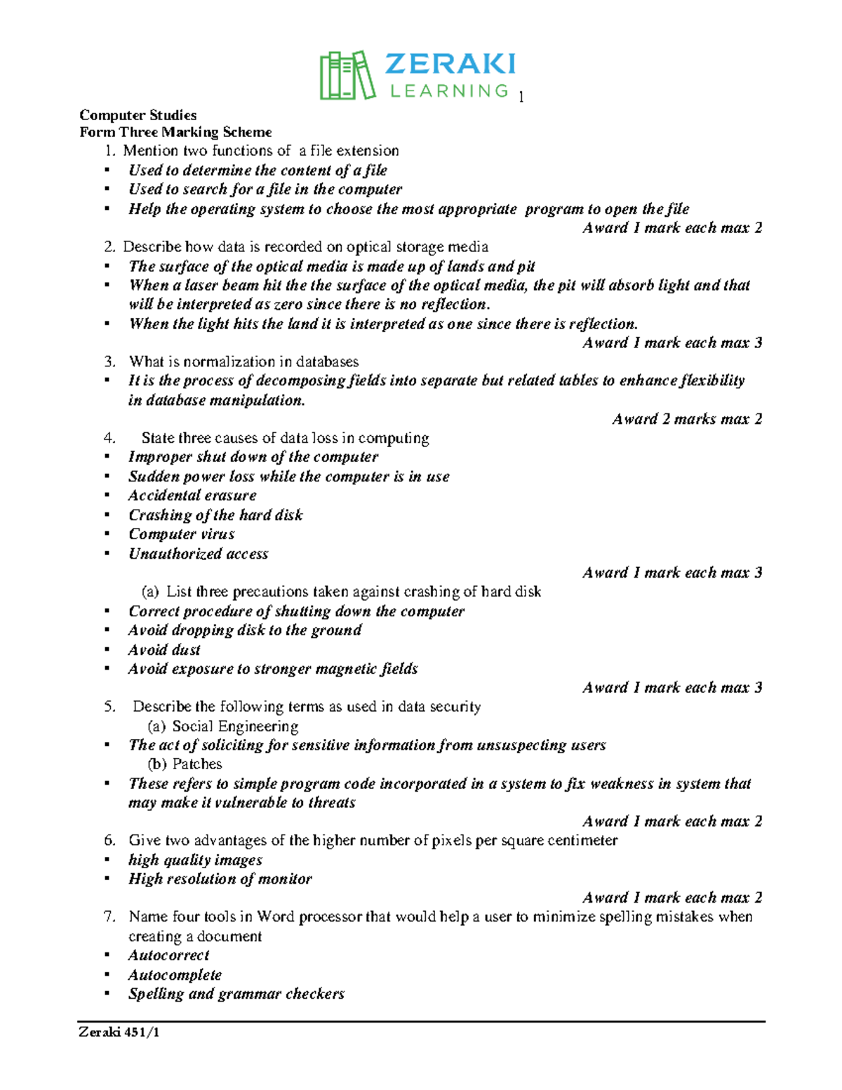 Computer Studies Form 3 - Marking scheme 052431 - Computer Studies Form ...