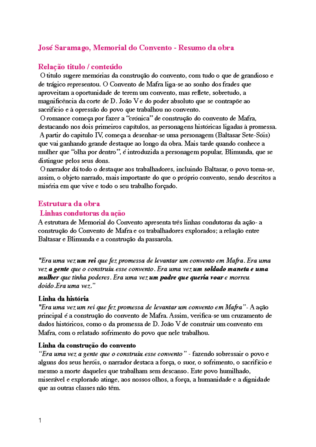 Memorial do Convento - resumo da obra - José Saramago, Memorial do ...
