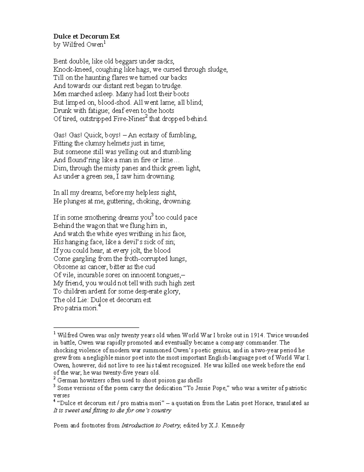 Poem "Dulce et Decorum Est" - Dulce et Decorum Est by Wilfred Owen 1 ...