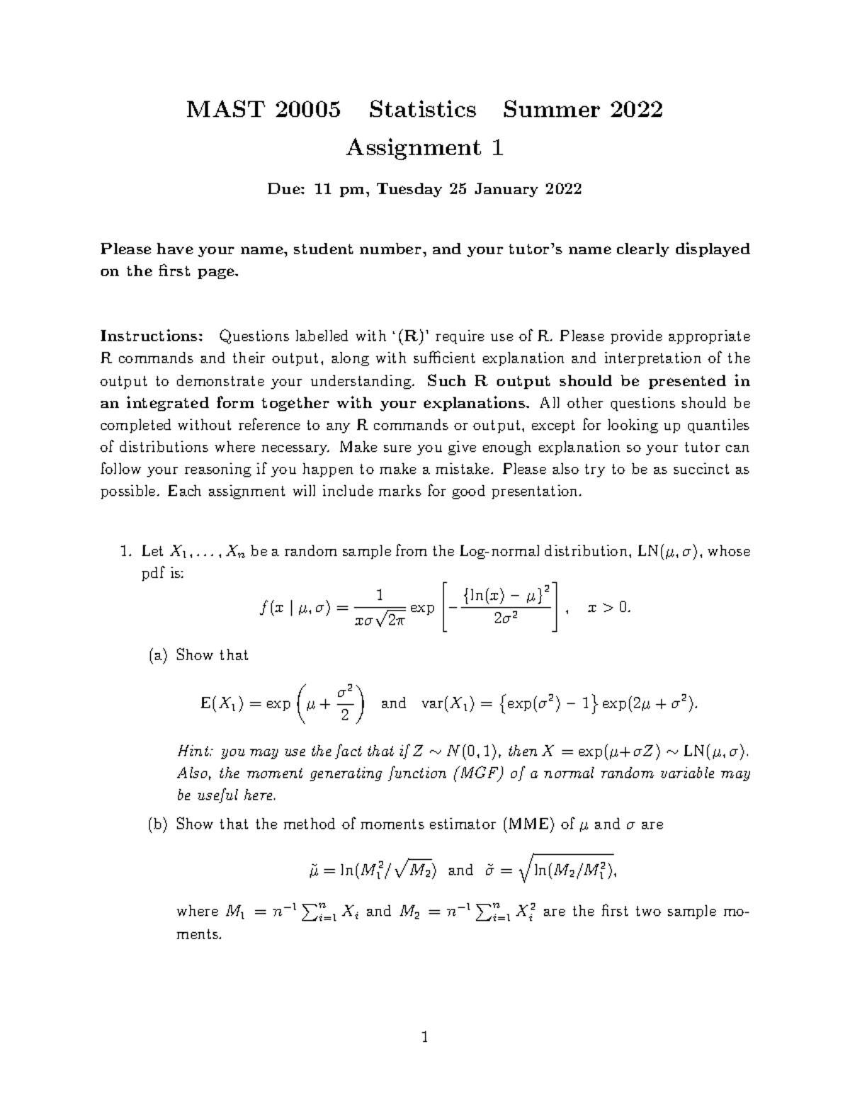 MAST 20005 assignment 2 - Summer term - MAST 20005 Statistics Summer 2022 Assignment 1 Due: 11 ...