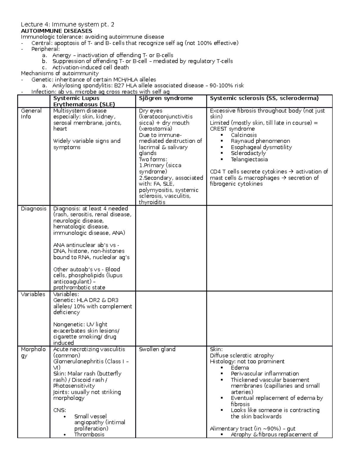 4 - Lecture notes 4 - AUTOIMMUNE DISEASES Immunologic tolerance ...