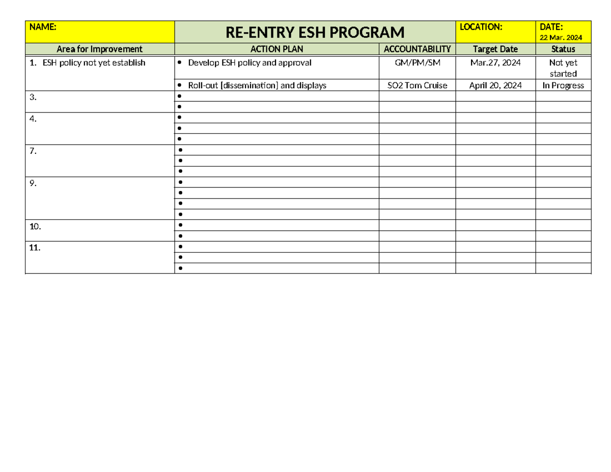 OSH Rentry PLAN Tom Cruise SM Tugegarao - engineering mechanics - NAME: RE-ENTRY ESH PROGRAM ...
