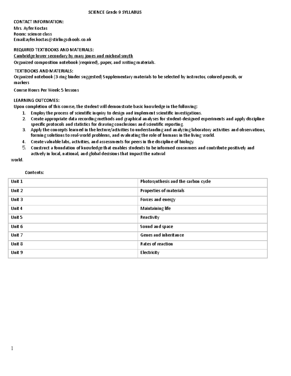 9 Science Syllabus 2 - SCIENCE Grade 9 SYLLABUS CONTACT INFORMATION ...
