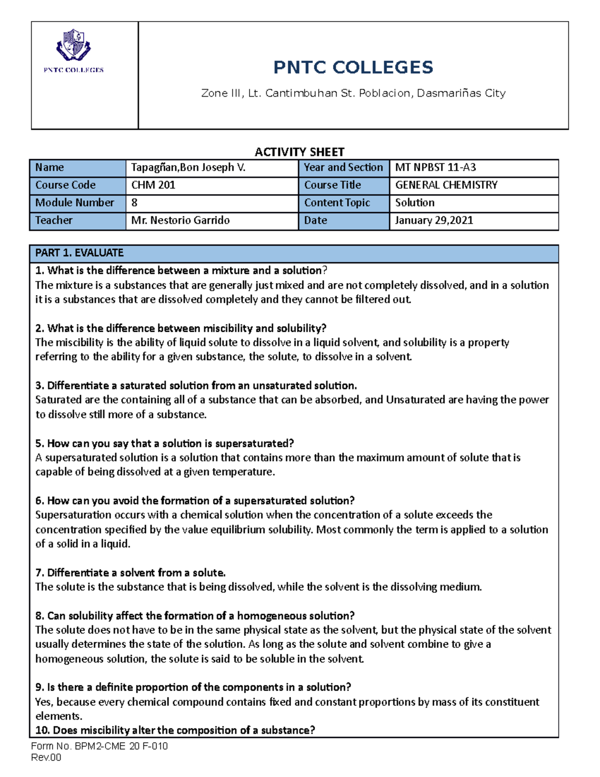 Activity Sheet CHM 201 Module 8 - PNTC COLLEGES Zone III, Lt ...