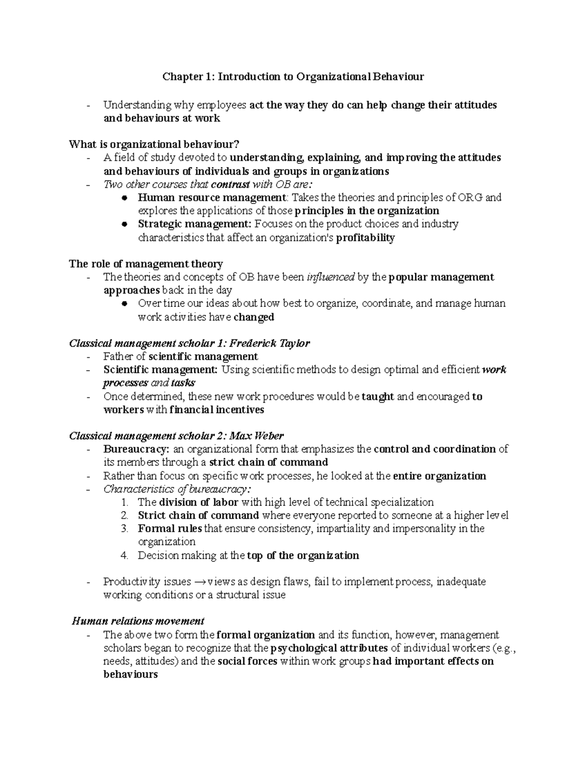 OB Midterm 1 - Notes - Chapter 1: Introduction to Organizational ...