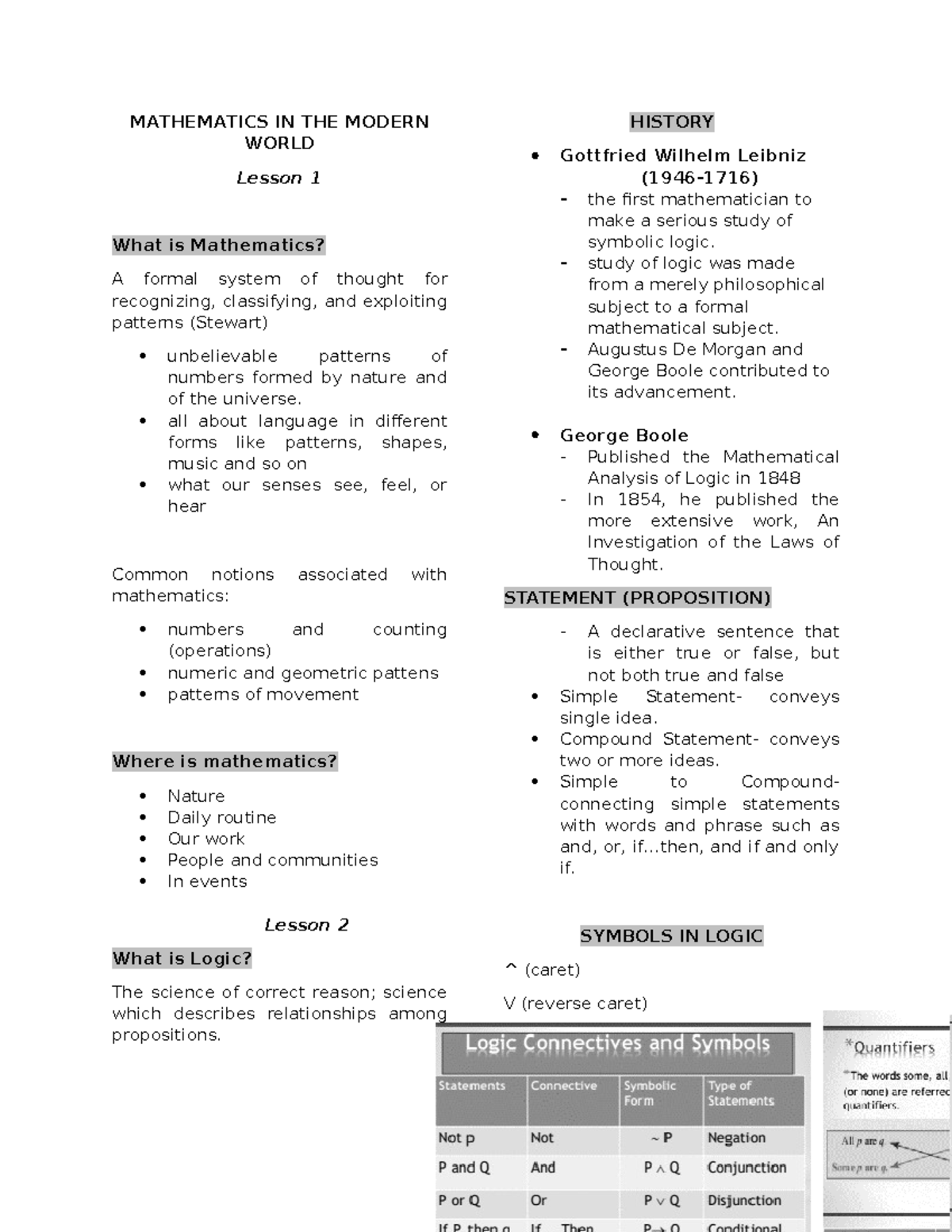 MMW Reviewer - MATHEMATICS IN THE MODERN WORLD Lesson 1 What is Mathematics? A formal system of ...