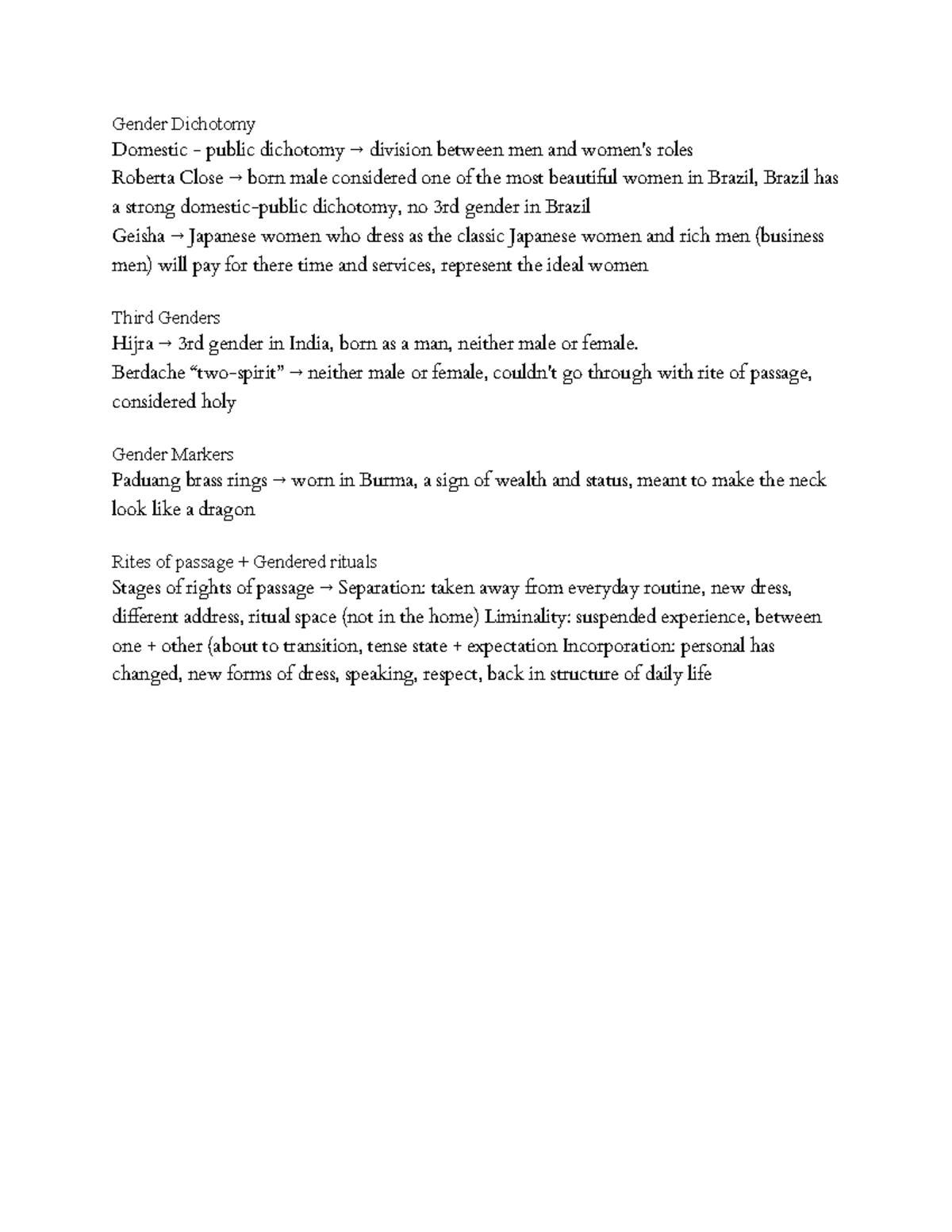 Anthro Final Exam - Gender Dichotomy Domestic - public dichotomy → ...