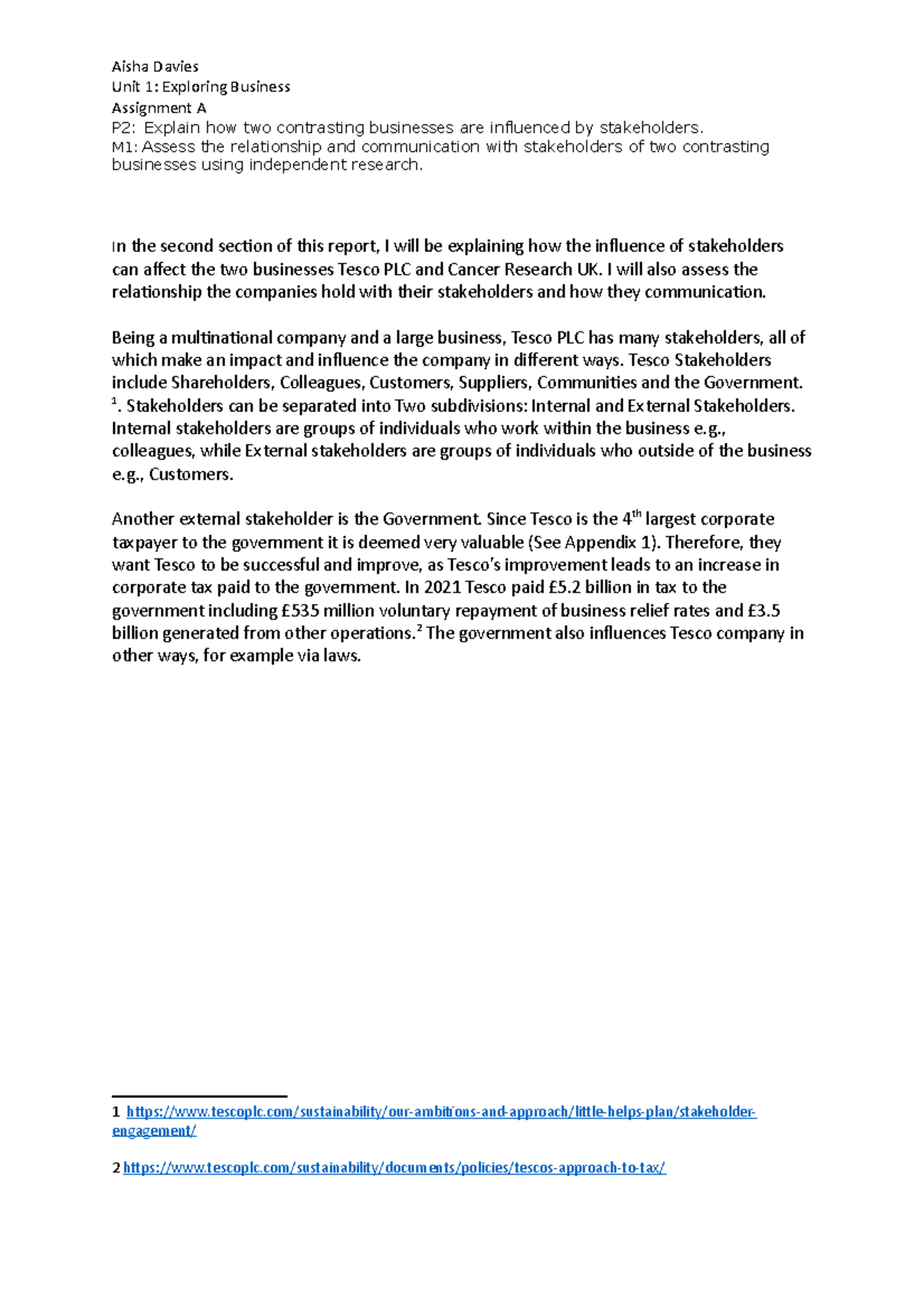 P2 and M1 Business course work - Aisha Davies Unit 1: Exploring ...