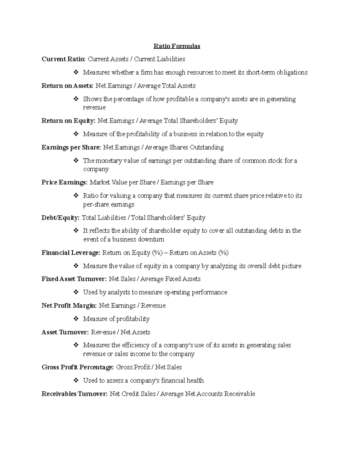 Ratio Formulas - Ratio Formulas Current Ratio: Current Assets / Current ...