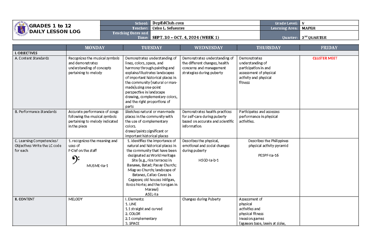 DLL Mapeh 5 Q2 W1 - helpful for students - GRADES 1 to 12 DAILY LESSON LOG School: DepEdClub ...