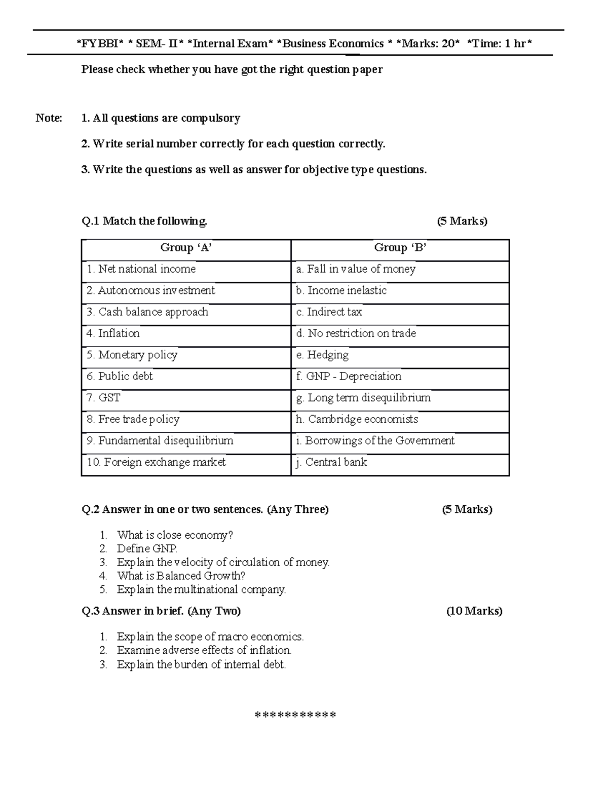 BBI Businss Economics Internal ATKT Quetion Paper 2022 - FYBBI * SEM ...