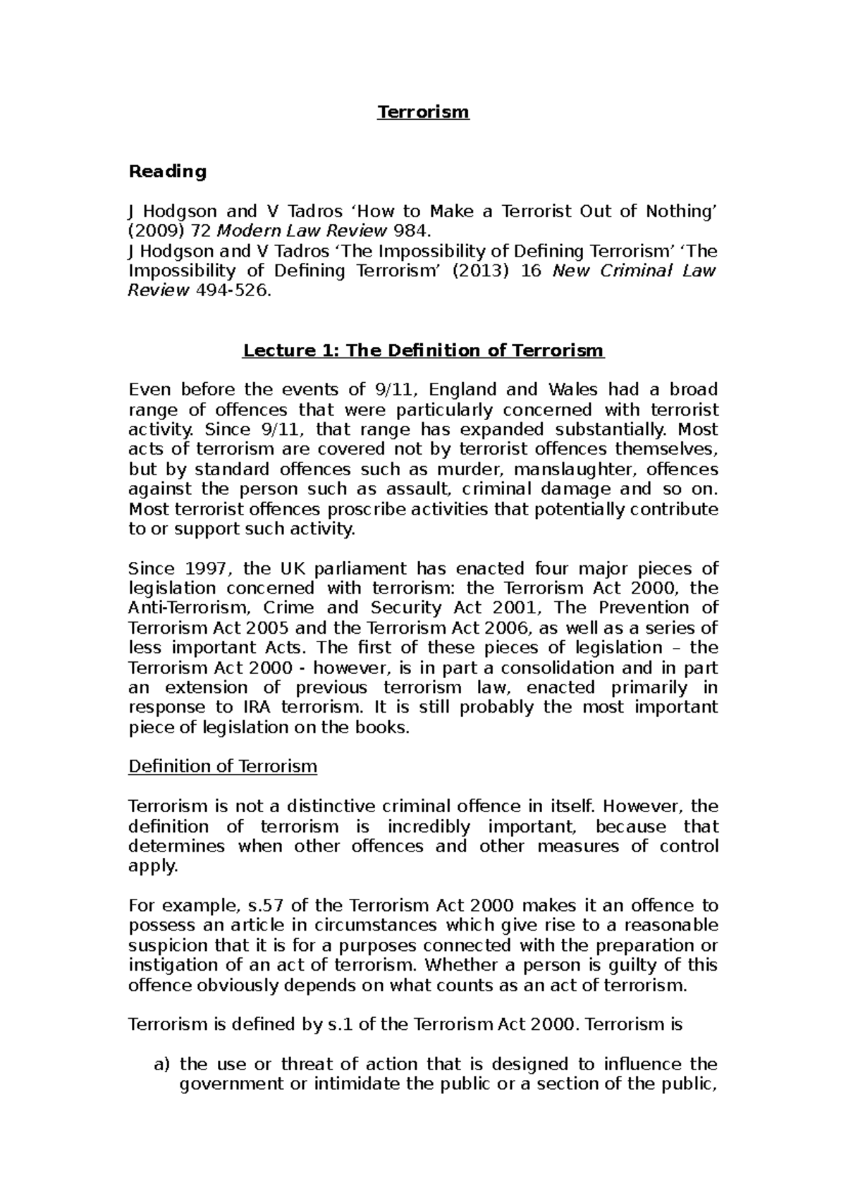 Terrorism Lecture Handout Week 5 - Terrorism Reading J Hodgson and V ...
