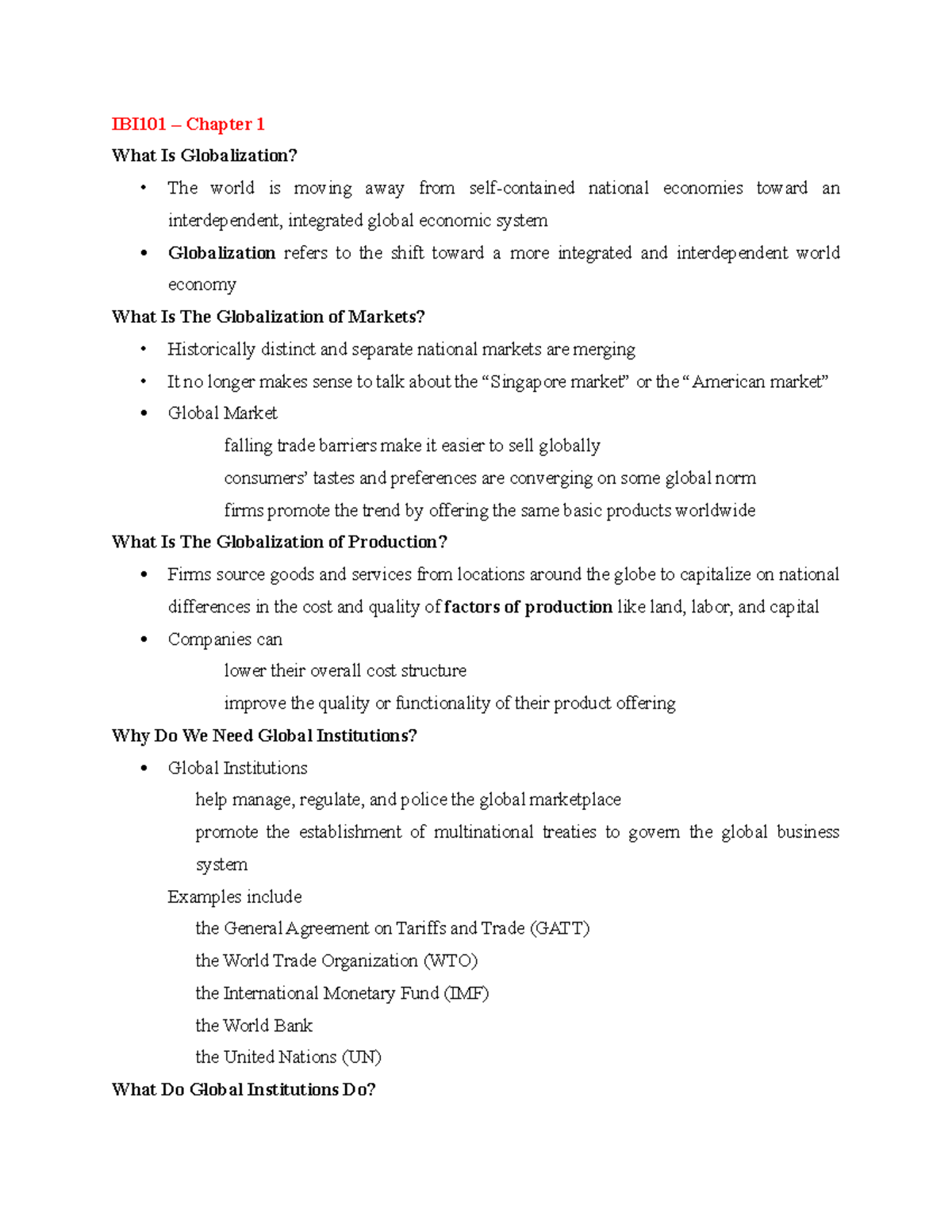 IBI101 FULL - ibi - IBI101 – Chapter 1 What Is Globalization? - The world is moving away from ...