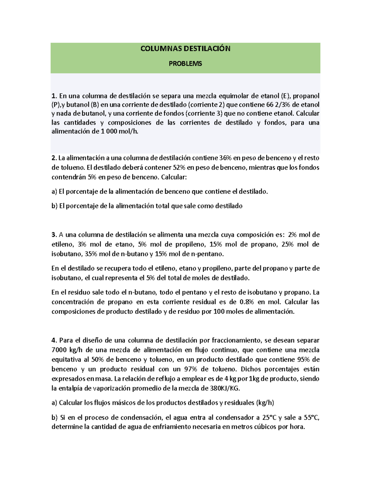 Columnas Destilación Problemas PDF - COLUMNAS DESTILACIÓN PROBLEMS 1 ...