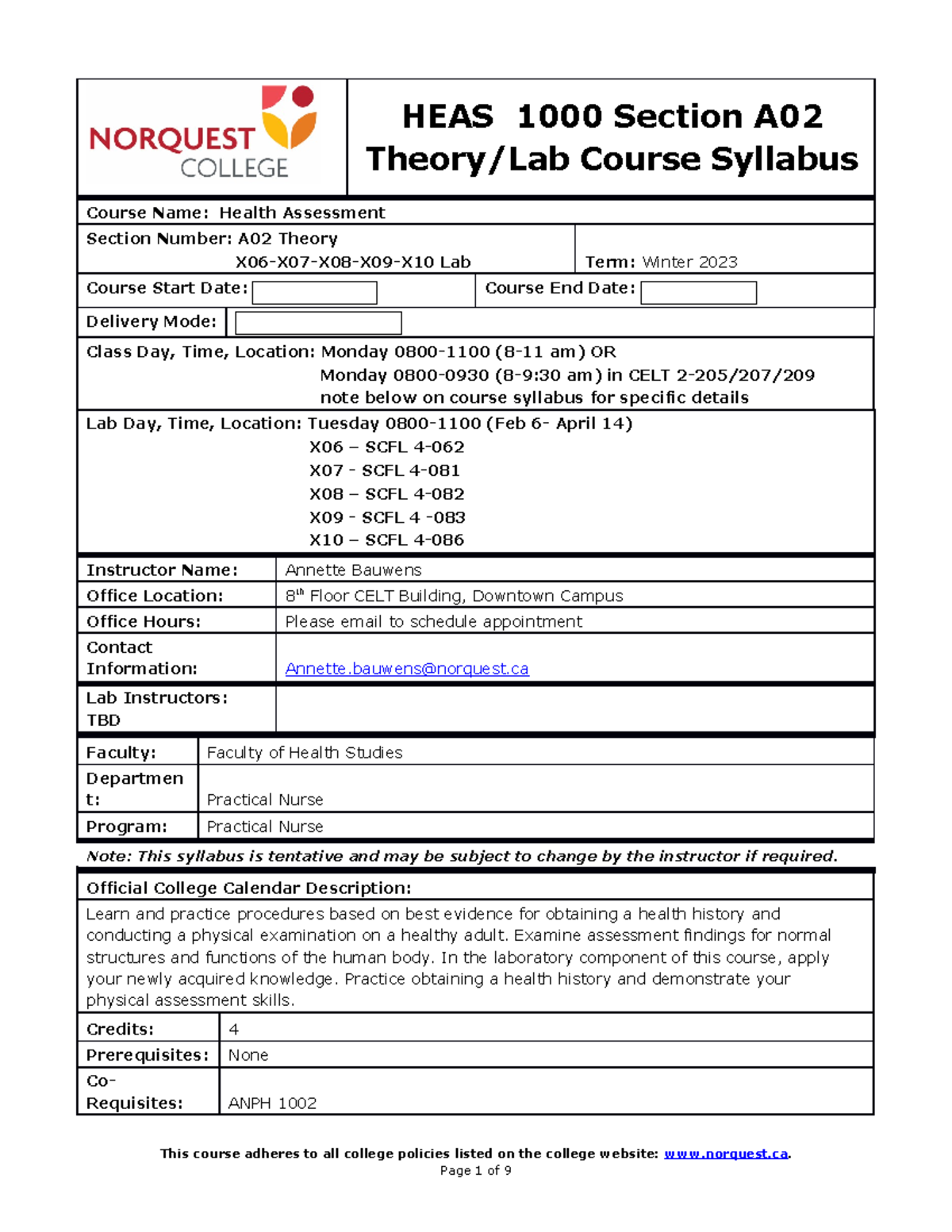 HEAS 1000 A02 syllabus W23-11 - HEAS 1000 Section A Theory/Lab Course ...