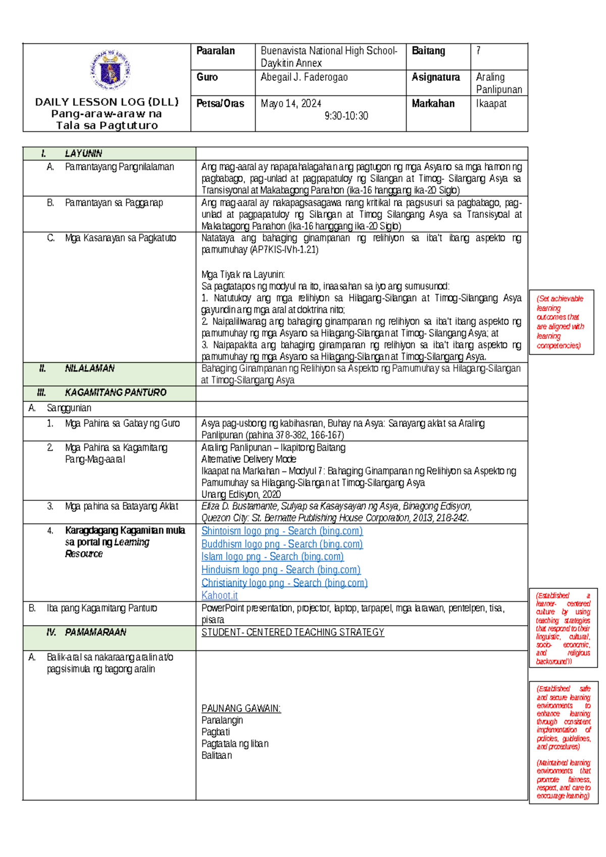Lesson Plan in Araling Panlipunan 7 - DAILY LESSON LOG (DLL) Pang-araw ...